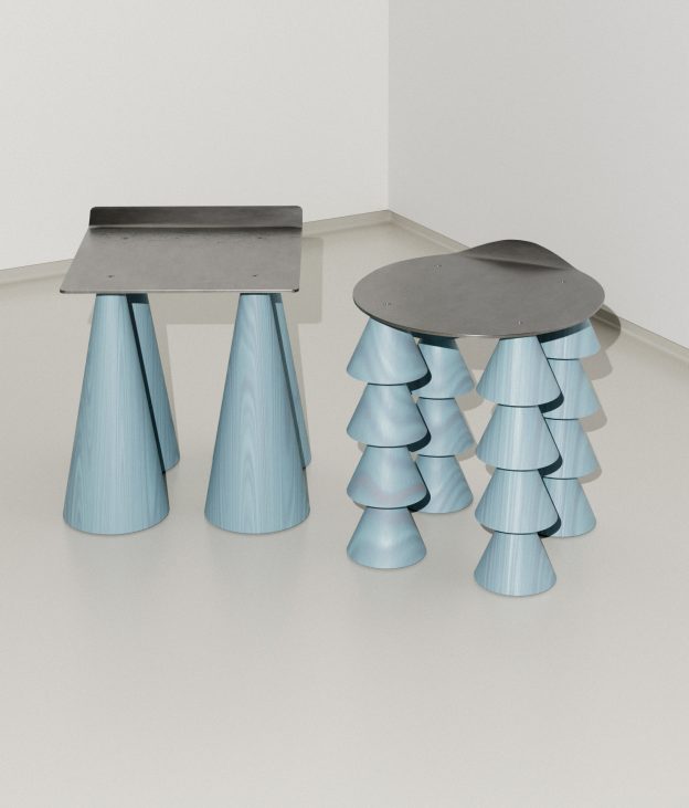 N2 Cena – Sky-Blue Wood and Aluminum Stool by DONÓ Design | ADORNO DESIGN