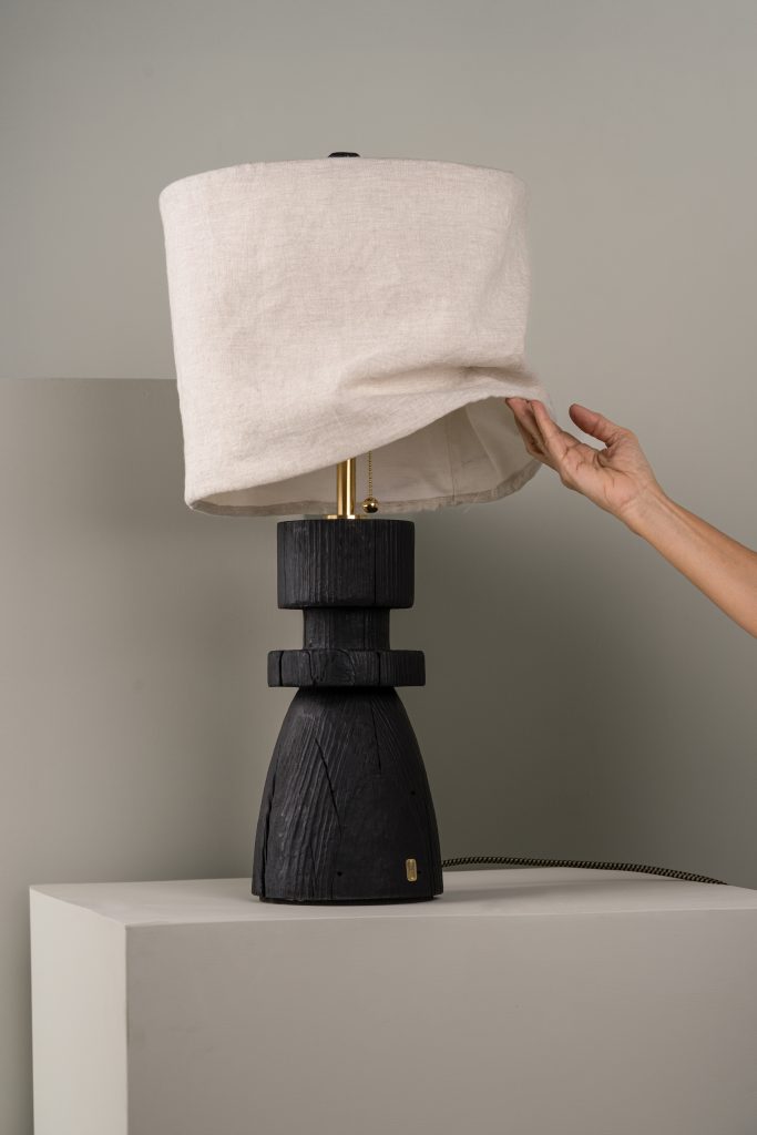 Mezquite Sculptural Table Lamp Burned Pinewood Flexible Natural Linen ...