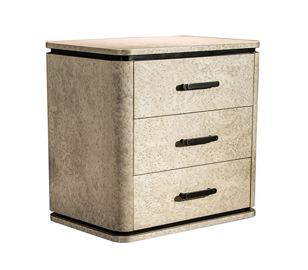 Elena – Modern Bedside Table In Gray Birdseye Maple & Bronze by Costantini Design | ADORNO DESIGN